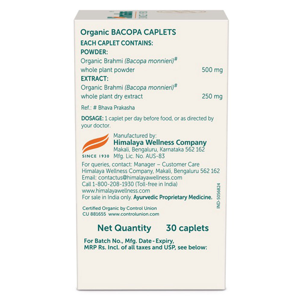 Buy Himalaya Organic Bacopa (Brahmi) - 30, 60 Caplets – Himalaya ...